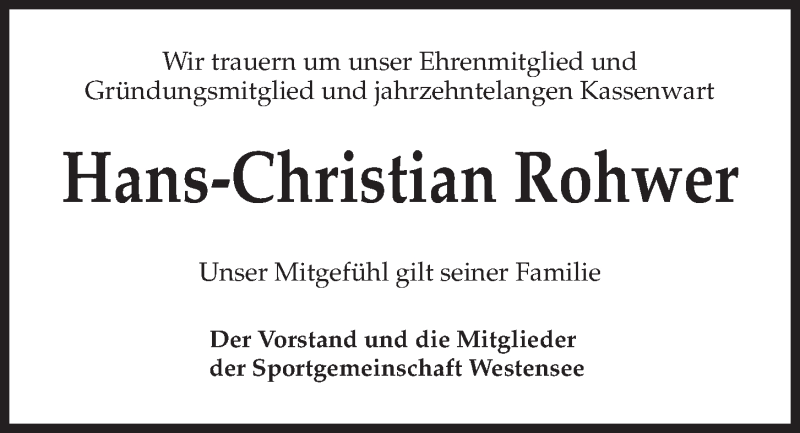 Traueranzeigen von Hans-Christian Rohwer | trauer-anzeigen.de