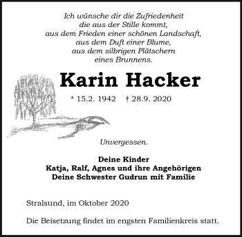 Traueranzeigen von Karin Hacker | trauer-anzeigen.de