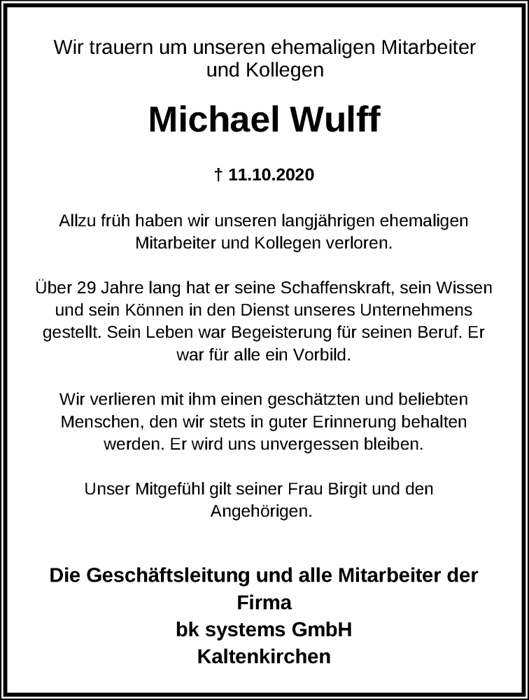 Traueranzeigen von Michael Wulff | trauer-anzeigen.de