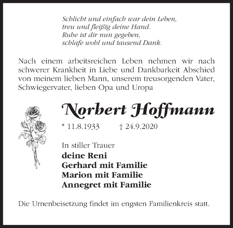 Traueranzeigen von Norbert Hoffmann | trauer-anzeigen.de