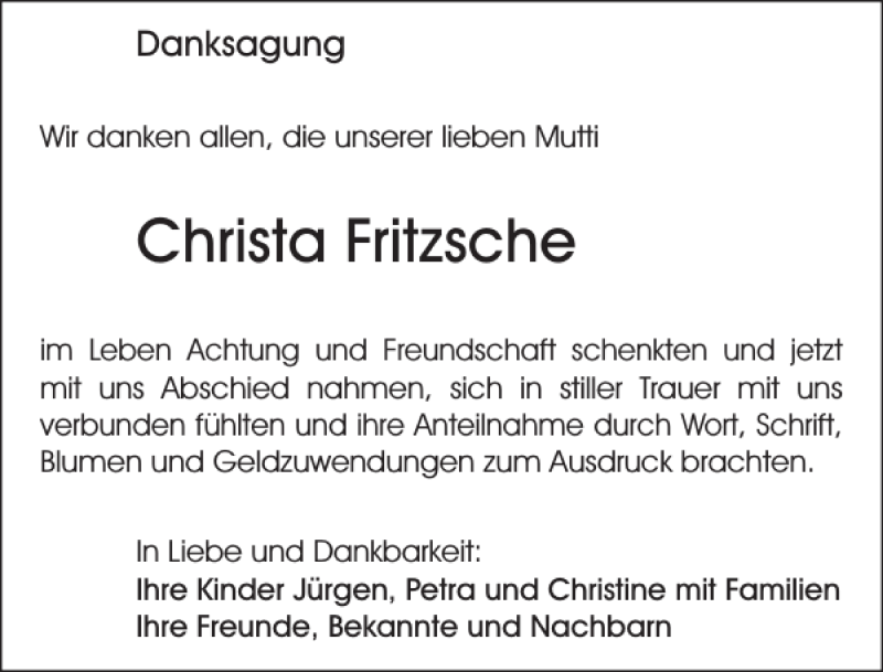 Traueranzeigen von Christa Fritzsche | trauer-anzeigen.de