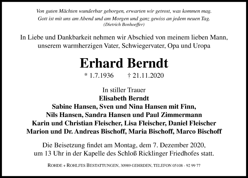 Traueranzeigen von Erhard Berndt | trauer-anzeigen.de