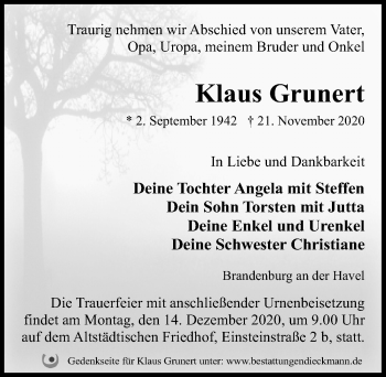 Traueranzeigen von Klaus Grunert | trauer-anzeigen.de