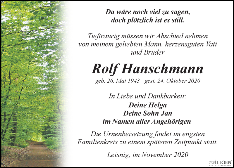 Traueranzeigen von Rolf Hanschmann | trauer-anzeigen.de