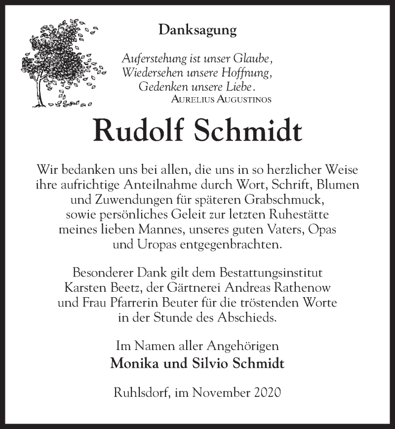Traueranzeigen von Rudolf Schmidt | trauer-anzeigen.de