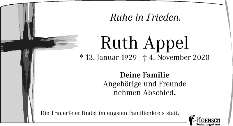 Traueranzeigen von Ruth Appel | trauer-anzeigen.de