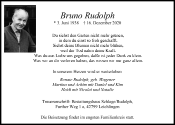 Traueranzeigen von Bruno Rudolph | trauer-anzeigen.de