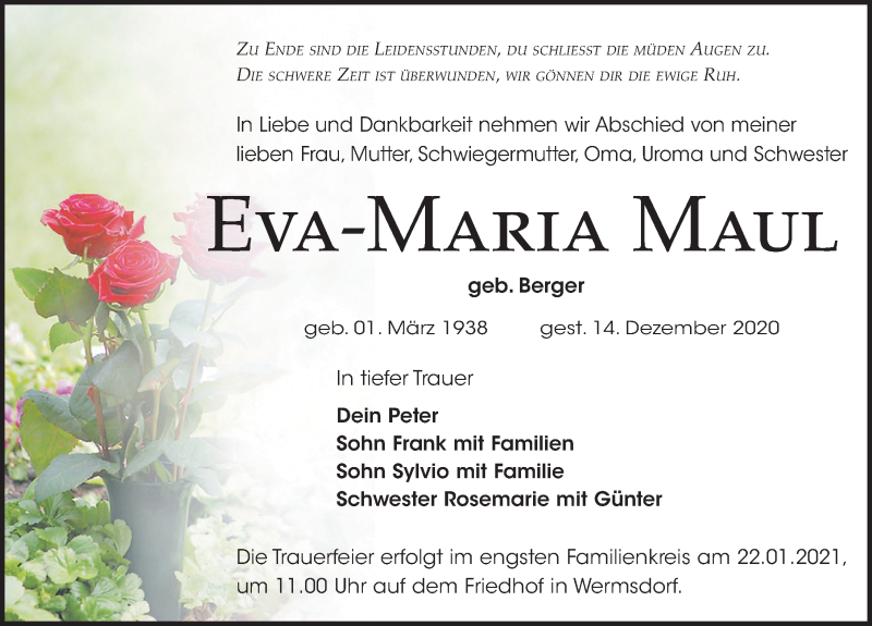 Traueranzeigen von Eva-Maria Maul | trauer-anzeigen.de