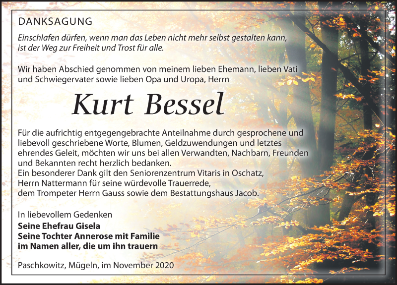 Traueranzeigen von Kurt Bessel | trauer-anzeigen.de