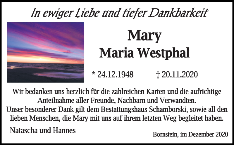 Traueranzeigen von Maria Westphal | trauer-anzeigen.de