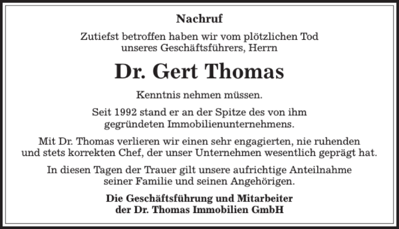 Traueranzeigen von Dr. Gert Thomas | trauer-anzeigen.de