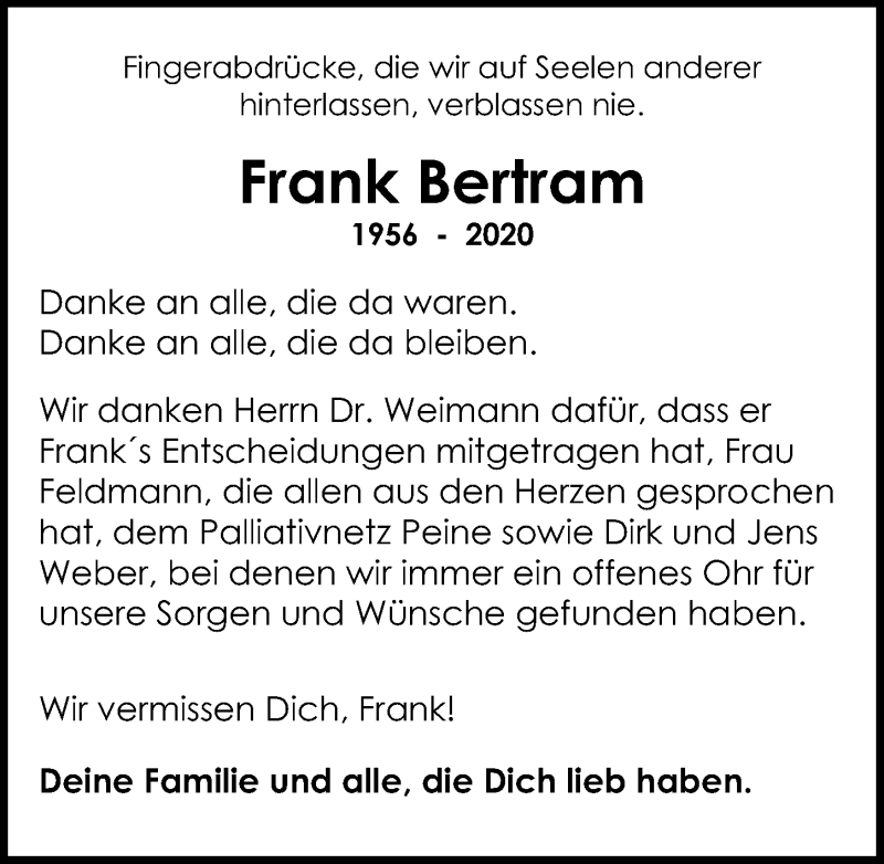 Traueranzeigen von Frank Bertram | trauer-anzeigen.de
