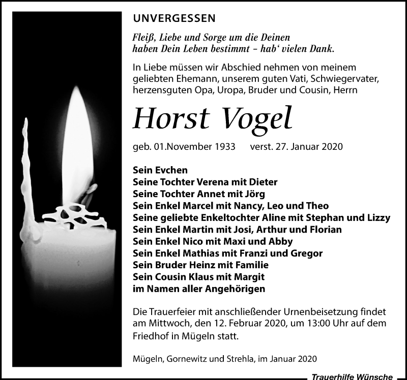Traueranzeigen von Horst Vogel | trauer-anzeigen.de