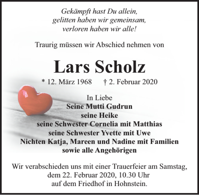 Traueranzeigen von Lars Scholz | trauer-anzeigen.de