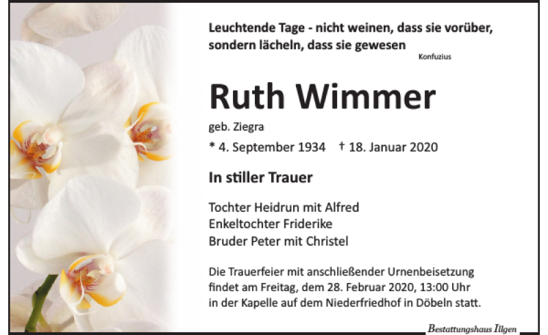 Traueranzeigen von Ruth Wimmer | trauer-anzeigen.de