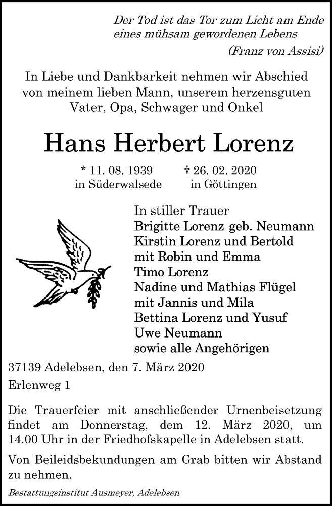Traueranzeigen von Hans Herbert Lorenz | trauer-anzeigen.de
