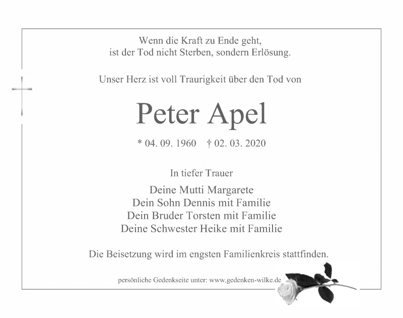 Traueranzeigen von Peter Apel | trauer-anzeigen.de