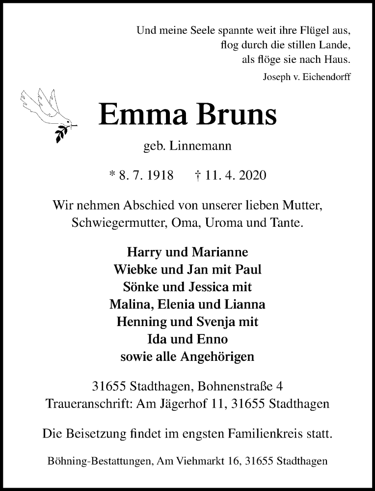 Traueranzeigen von Emma Bruns | trauer-anzeigen.de