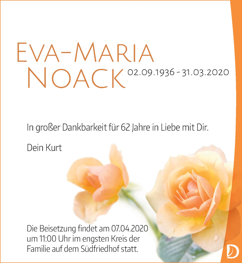 Traueranzeigen von Eva-Maria Noack | trauer-anzeigen.de