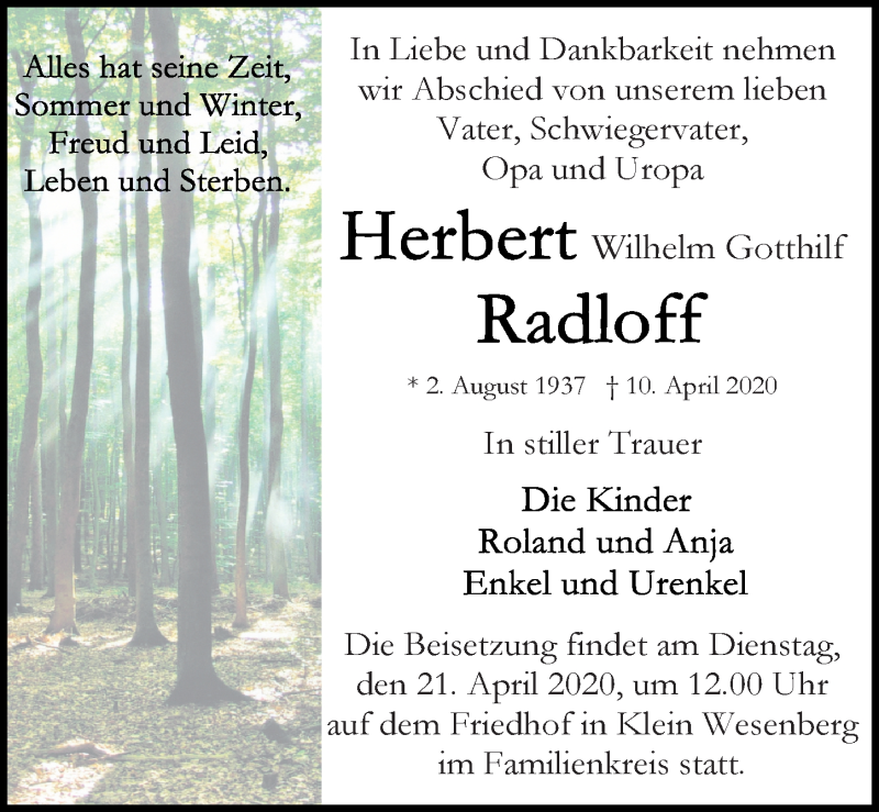 Traueranzeigen von Herbert Wilhelm Gotthilf Radloff | trauer-anzeigen.de
