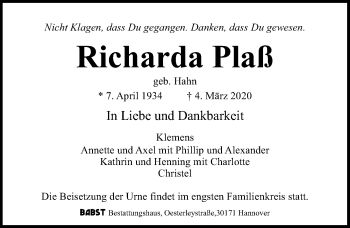 Traueranzeigen von Richarda Plaß | trauer-anzeigen.de