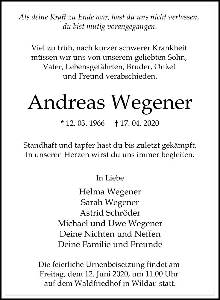 Traueranzeigen von Andreas Wegener | trauer-anzeigen.de