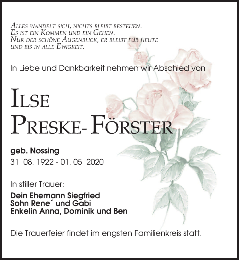 Traueranzeigen von Ilse Preske-Förster | trauer-anzeigen.de