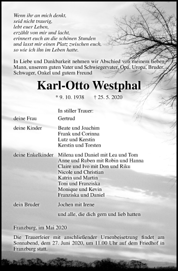 Traueranzeigen von Karl-Otto Westphal | trauer-anzeigen.de