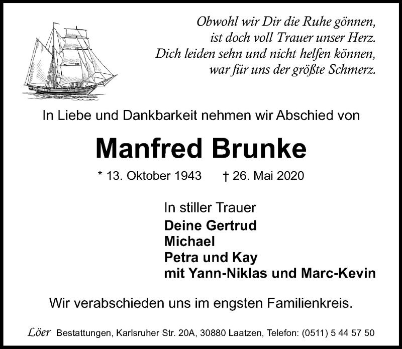 Traueranzeigen von Manfred Brunke | trauer-anzeigen.de