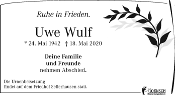 Traueranzeigen von Uwe Wulf | trauer-anzeigen.de