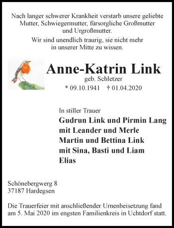 Traueranzeigen von Anne-Katrin Link | trauer-anzeigen.de