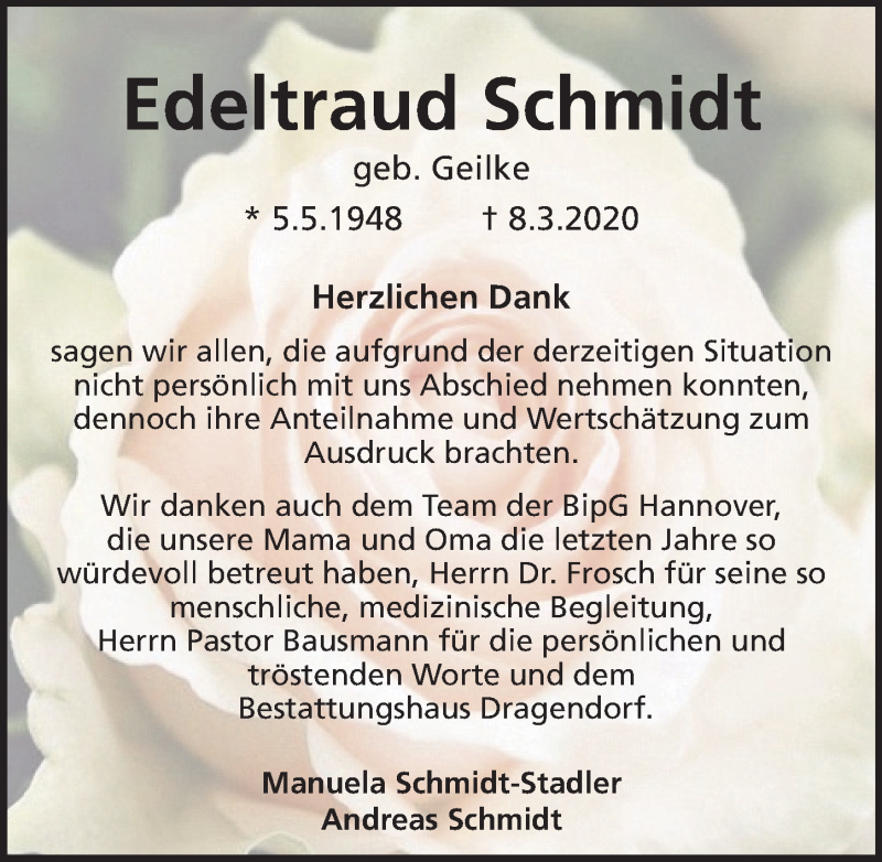 Traueranzeigen von Edeltraud Schmidt | trauer-anzeigen.de