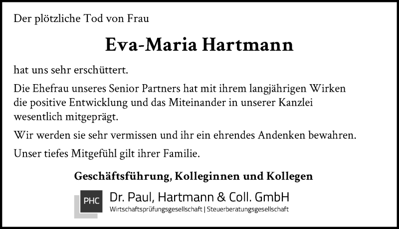 Traueranzeigen von Eva-Maria Hartmann | trauer-anzeigen.de