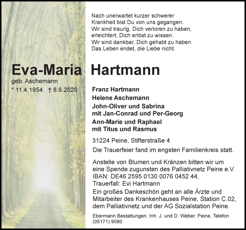 Traueranzeigen von Eva-Maria Hartmann | trauer-anzeigen.de