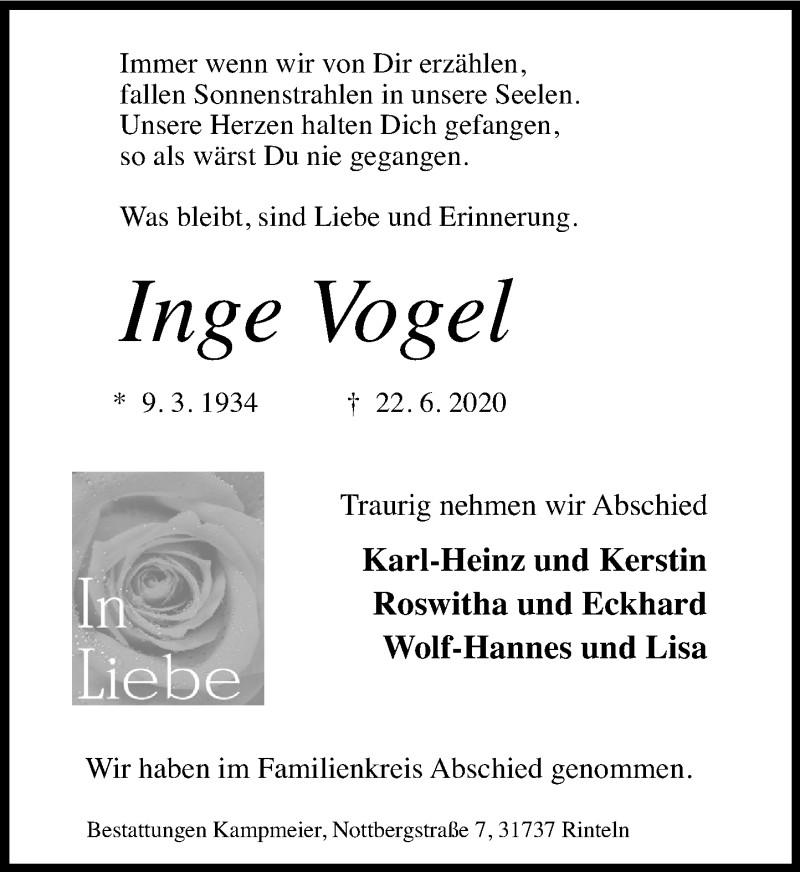 Traueranzeigen von Inge Vogel | trauer-anzeigen.de