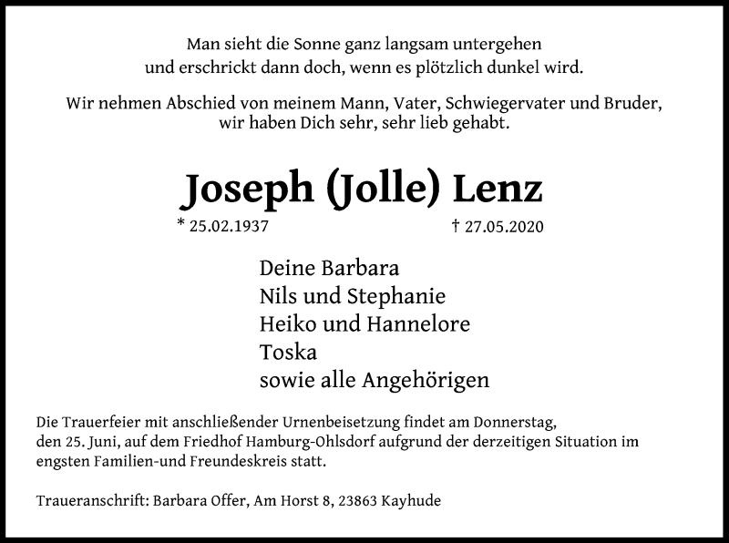 Traueranzeigen von Joseph Lenz | trauer-anzeigen.de