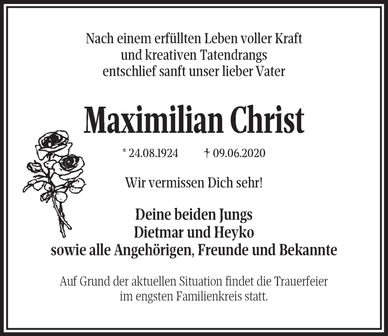Traueranzeigen von Maximilian Christ | trauer-anzeigen.de