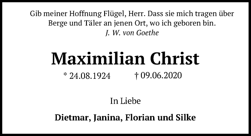 Traueranzeigen von Maximilian Christ | trauer-anzeigen.de