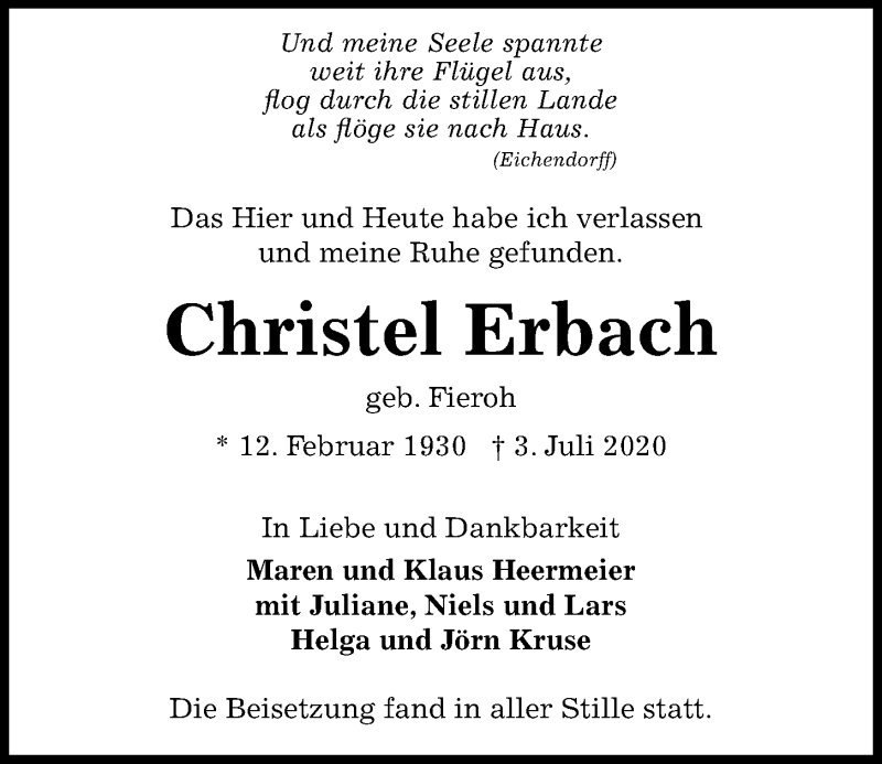 Traueranzeigen von Christel Erbach | trauer-anzeigen.de