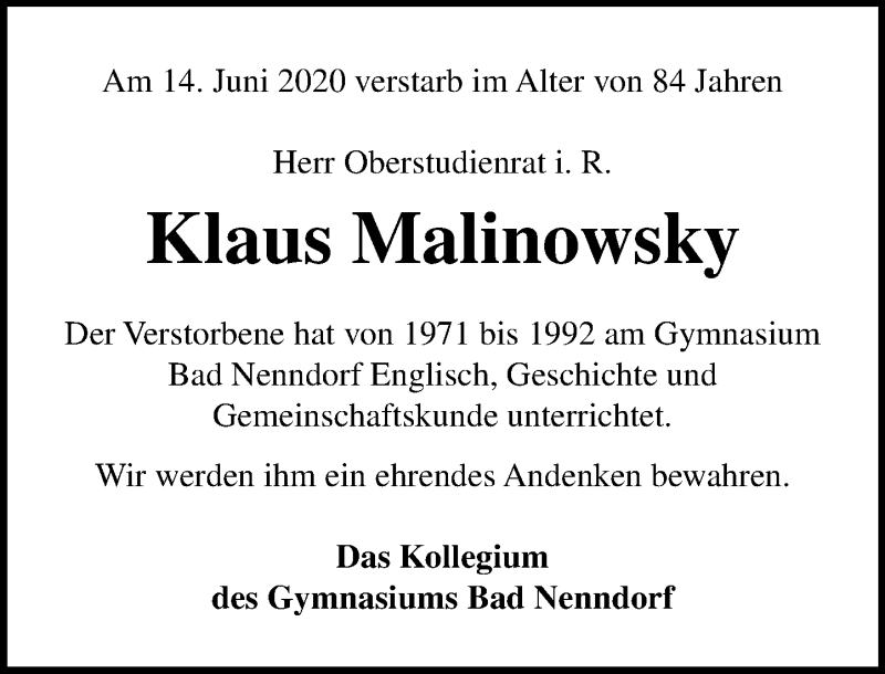 Traueranzeigen von Klaus Malinowsky | trauer-anzeigen.de