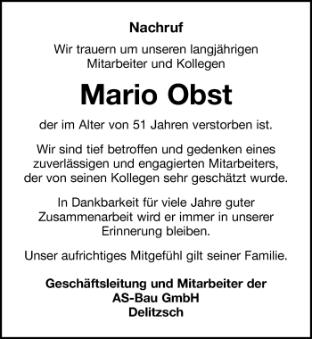 Traueranzeigen von Mario Obst | trauer-anzeigen.de