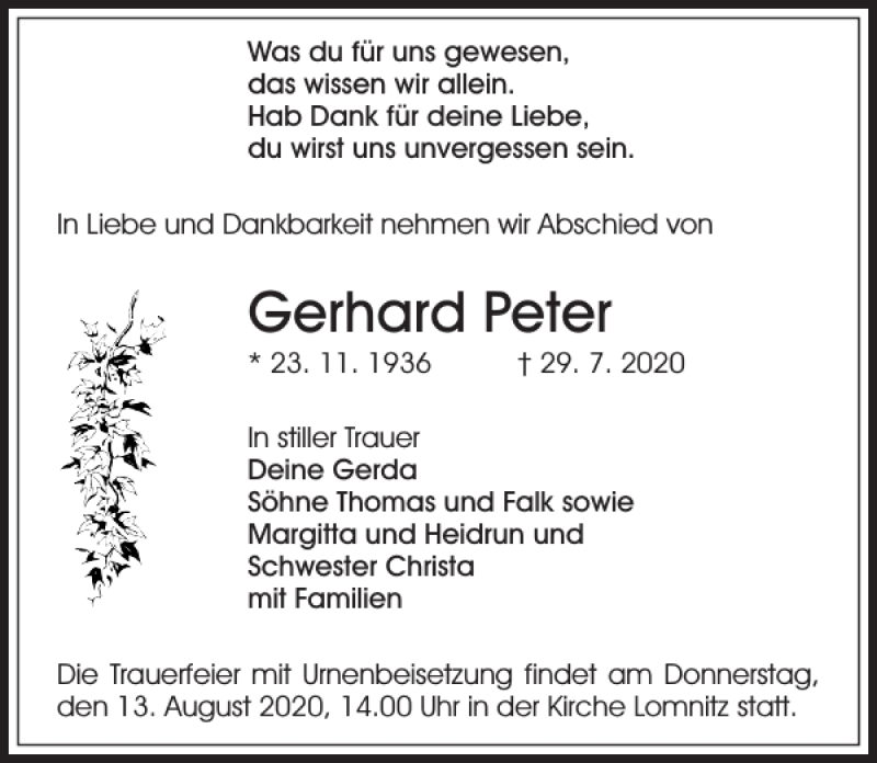 Traueranzeigen von Gerhard Peter | trauer-anzeigen.de