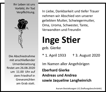 Traueranzeigen von Inge Stier | trauer-anzeigen.de