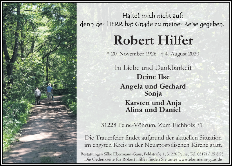 Traueranzeigen von Robert Hilfer | trauer-anzeigen.de