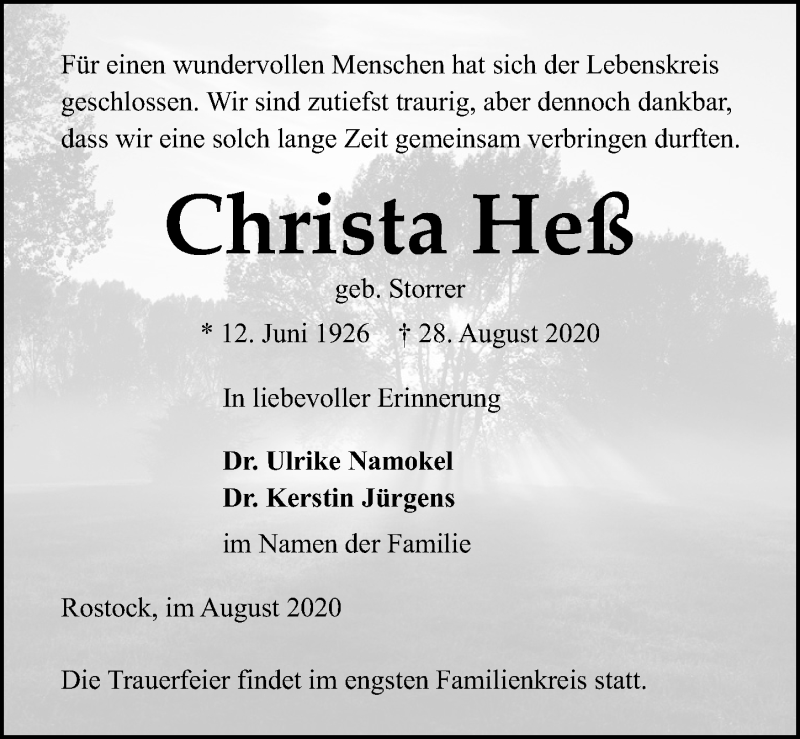 Traueranzeigen von Christa Heß | trauer-anzeigen.de