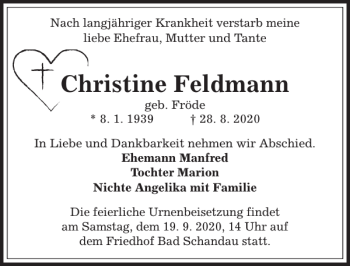 Traueranzeigen von Christine Feldmann | trauer-anzeigen.de