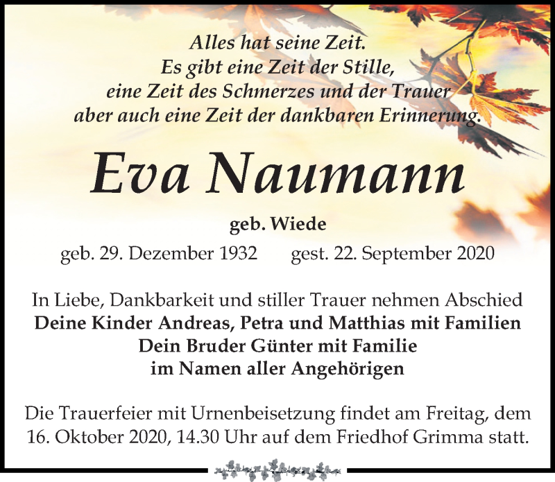 Traueranzeigen von Eva Naumann | trauer-anzeigen.de