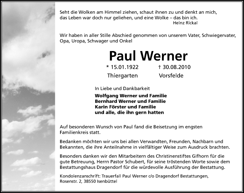 Traueranzeigen von Paul Werner | trauer-anzeigen.de
