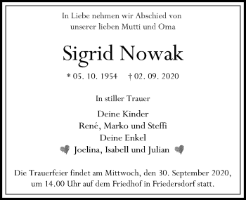 Traueranzeigen von Sigrid Nowak | trauer-anzeigen.de