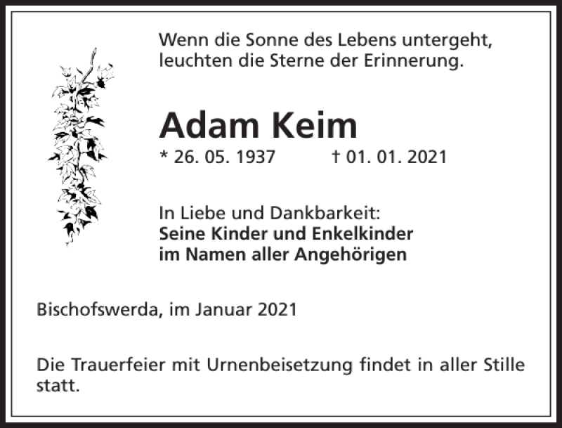 Traueranzeigen von Adam Keim | trauer-anzeigen.de